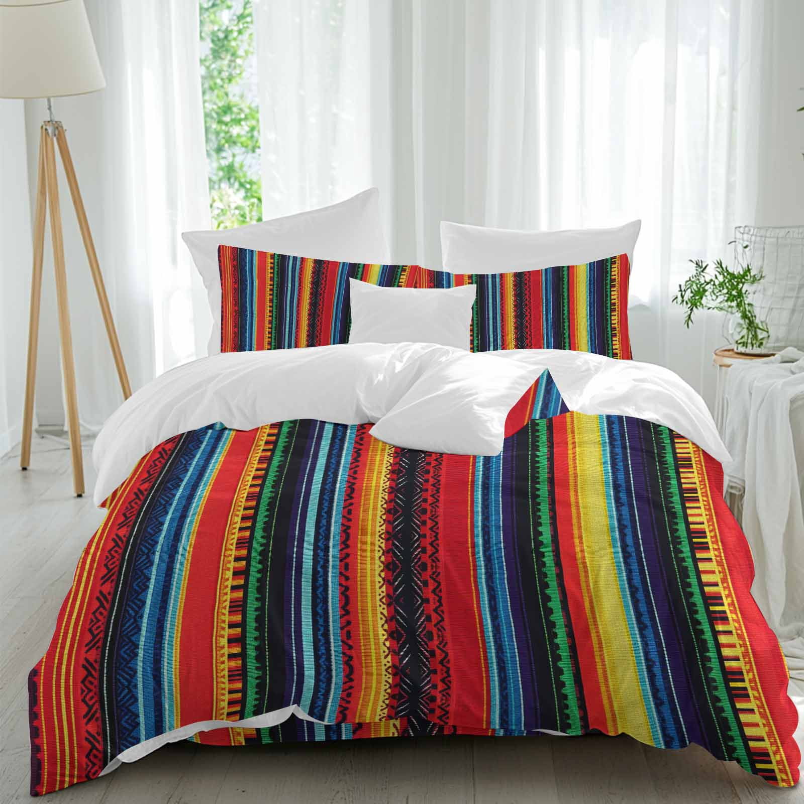 Abstract Colorful Stripe Queen Size Bed Set,Ref Blue Yellow Line ...