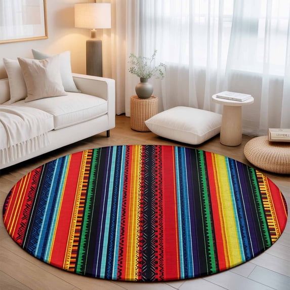 Abstract Colorful Stripe Round Rug 5ft Ref Blue Yellow Line Washable ...