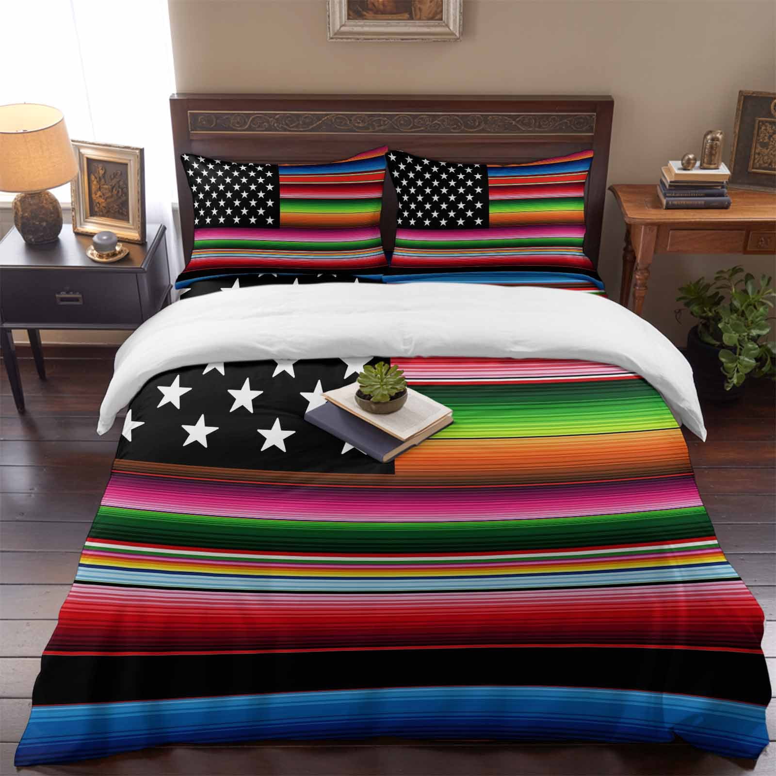 Abstract Colorful Stripe White Star Queen Size Bed Set,Independence Day ...