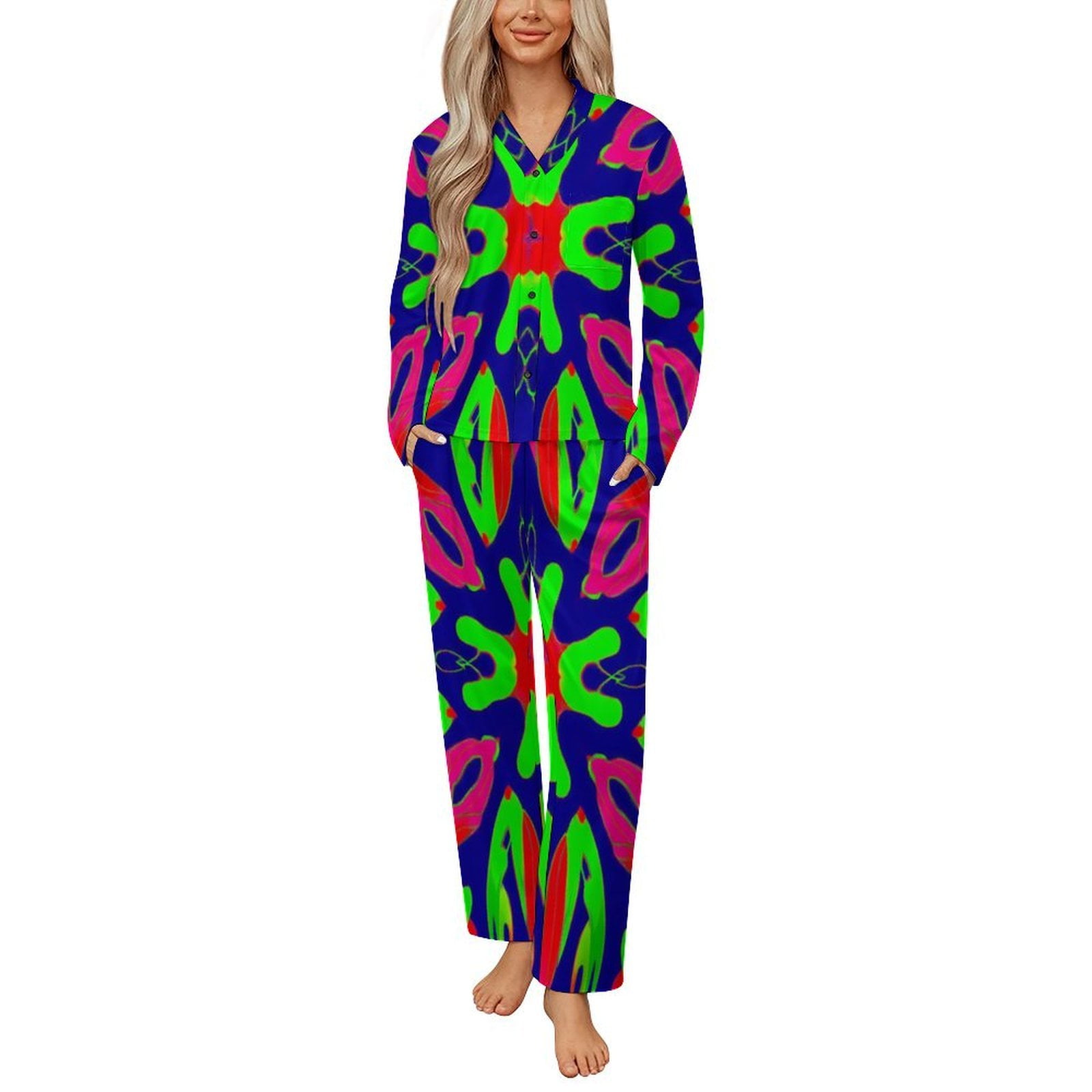 Abstract Colorful Symmetric Design Pattern Womens Pyjamas Set Button Up ...