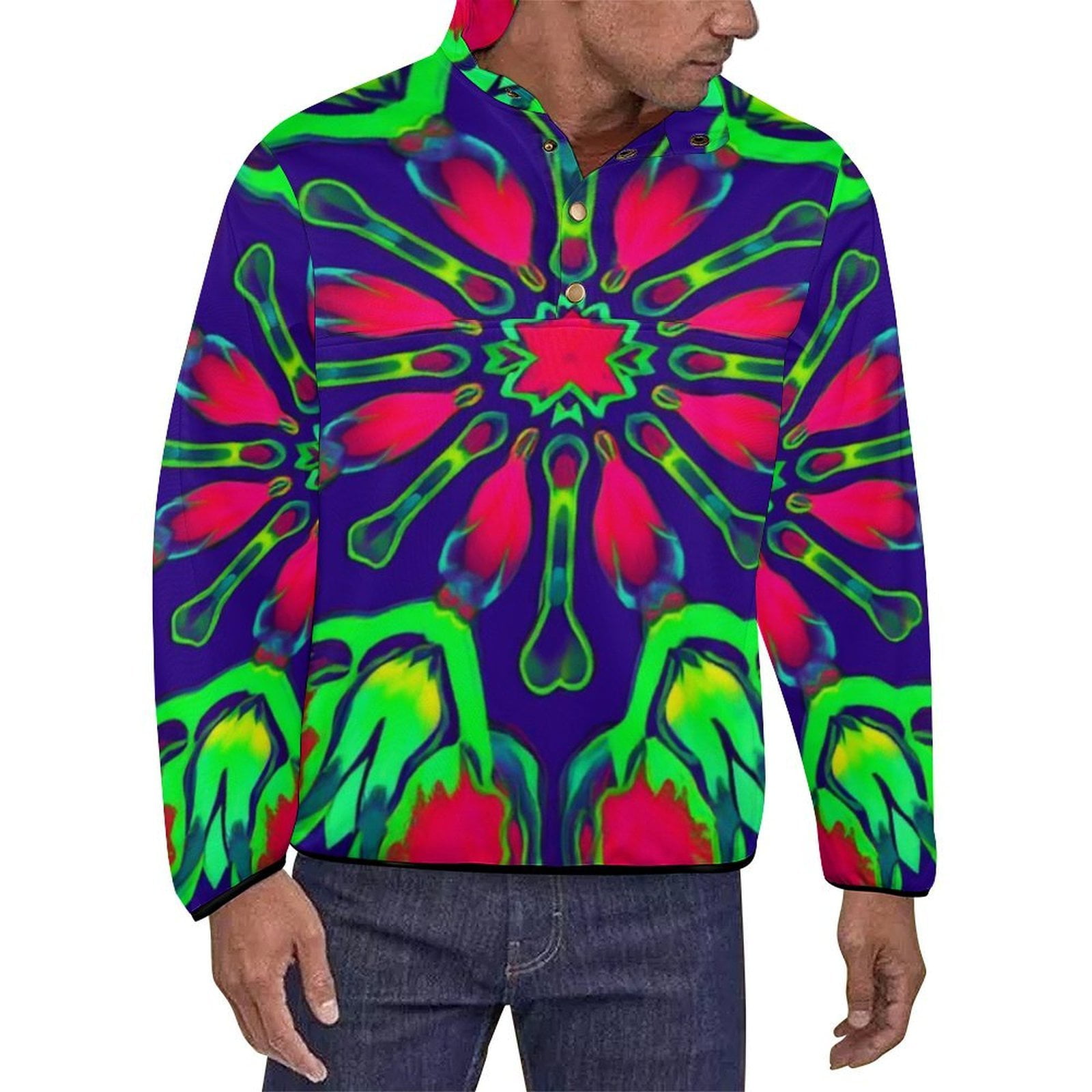 Abstract Colorful Symmetrical Floral Design Men's Stand Collar Sweater ...