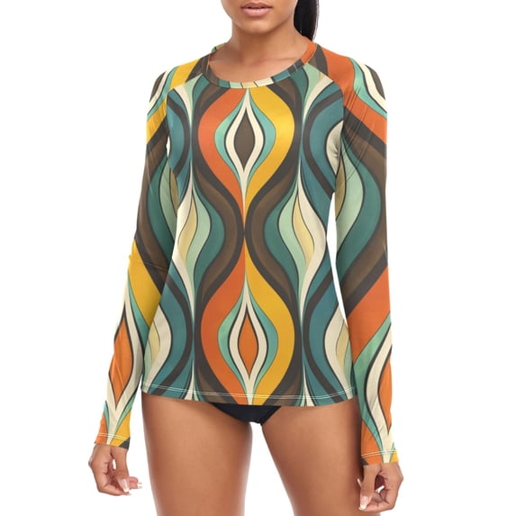 Abstract Colorful Waves Pattern Women's Rash Guard Shirts UPF 50+ Sun ...