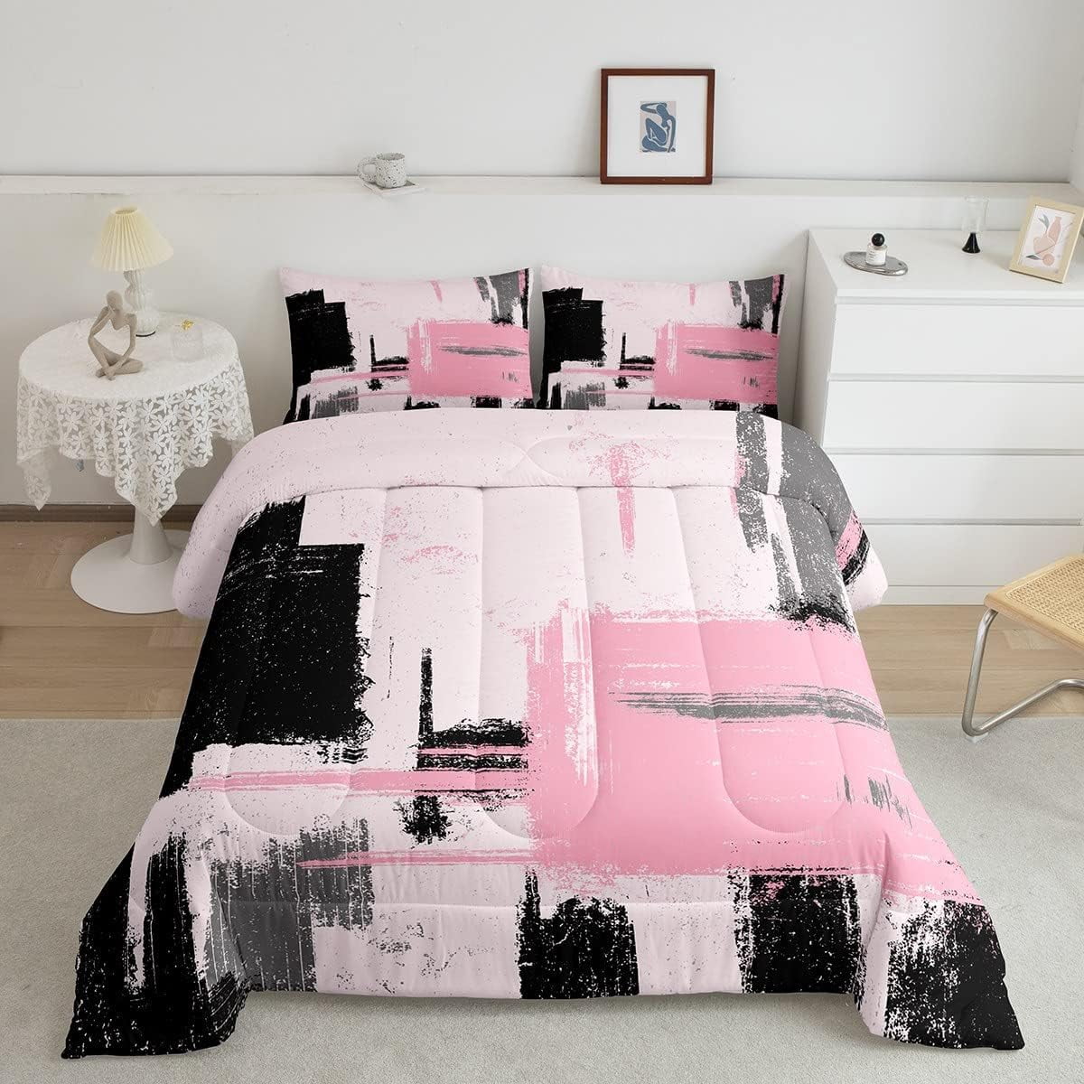 Abstract Comforter Modern Abstract Art Comforter Set Pink Black Pattern ...