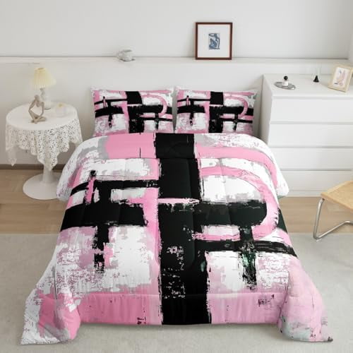 Abstract Comforter Set Black and Pink Abstract Art Bedding Set Twin ...