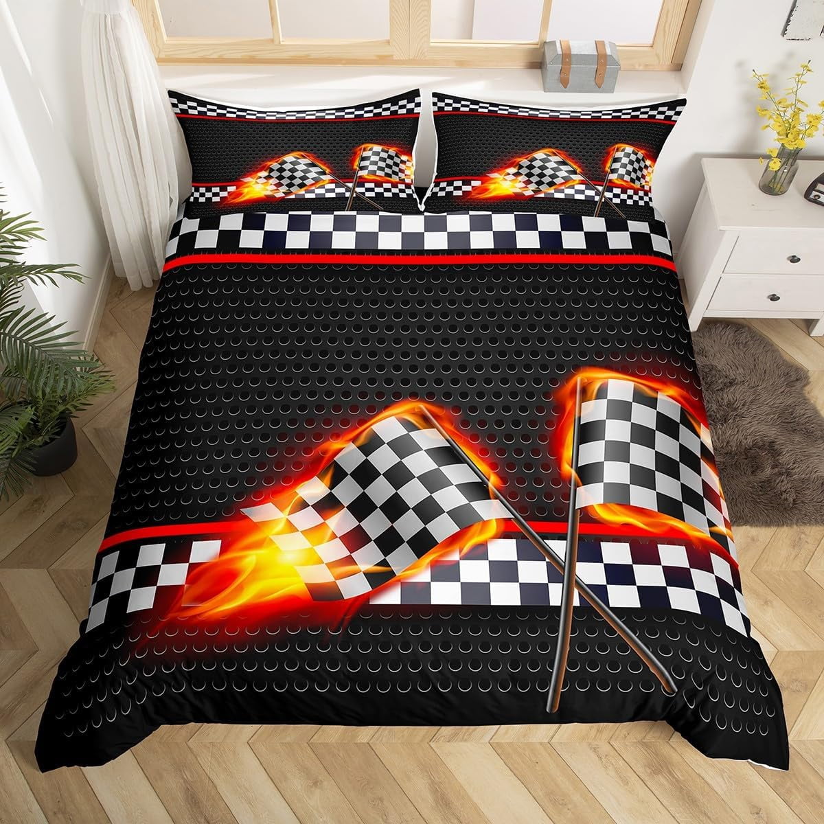 Abstract Competiton Flag Duver Cover 3D Flame Black White Grid Bedding ...