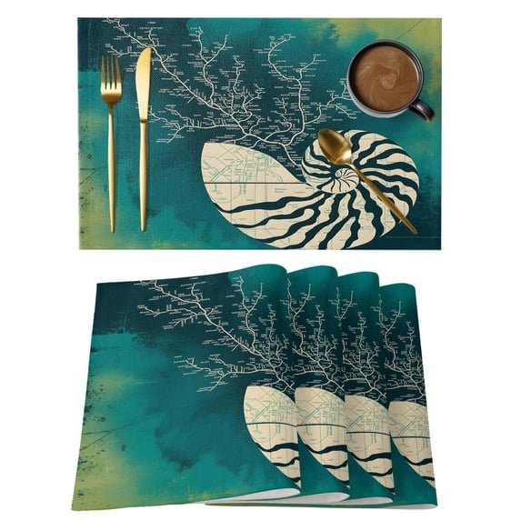 Abstract Conch Cotton Linen Placemats Set of 12, Marine Life City Route ...
