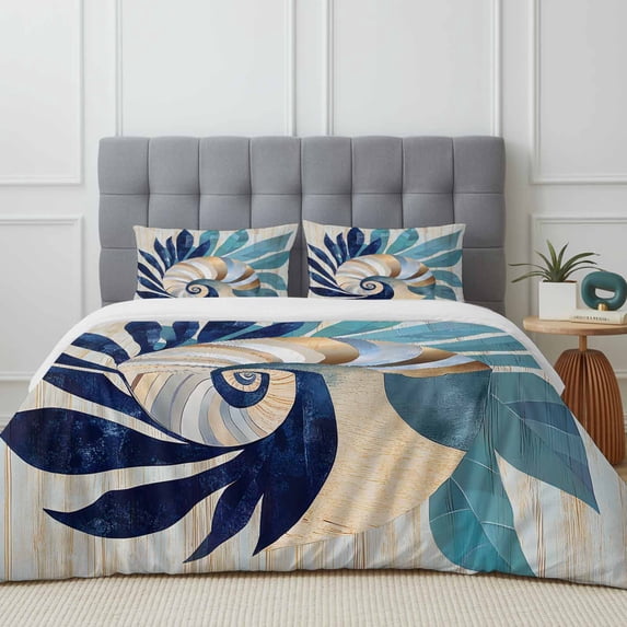 Abstract Conch Duvet Cover Set Full Size, Vintage Watercolor Leaf ...