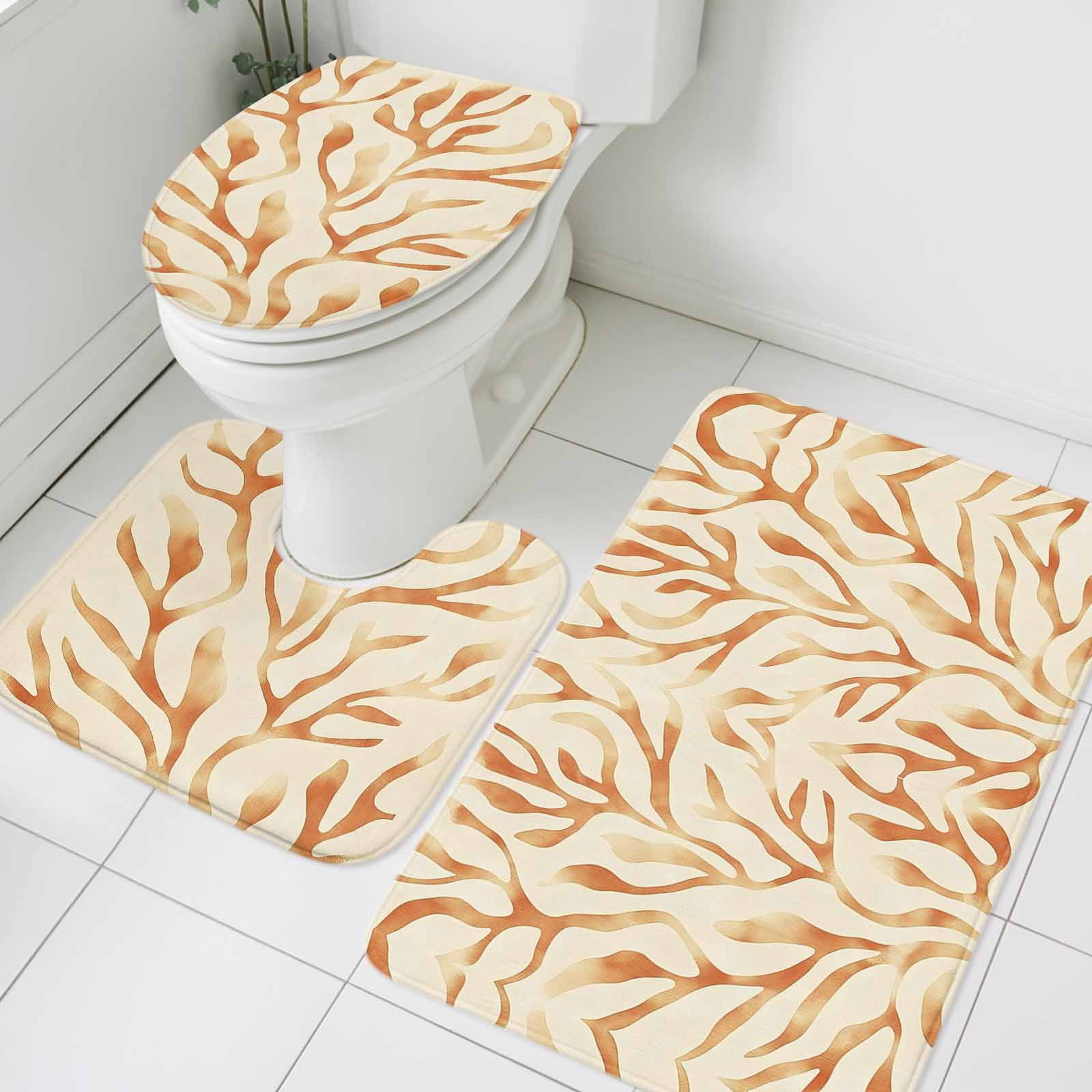 Abstract Coral Bathroom Rugs Set Beige Orange Color Block Non Slip ...