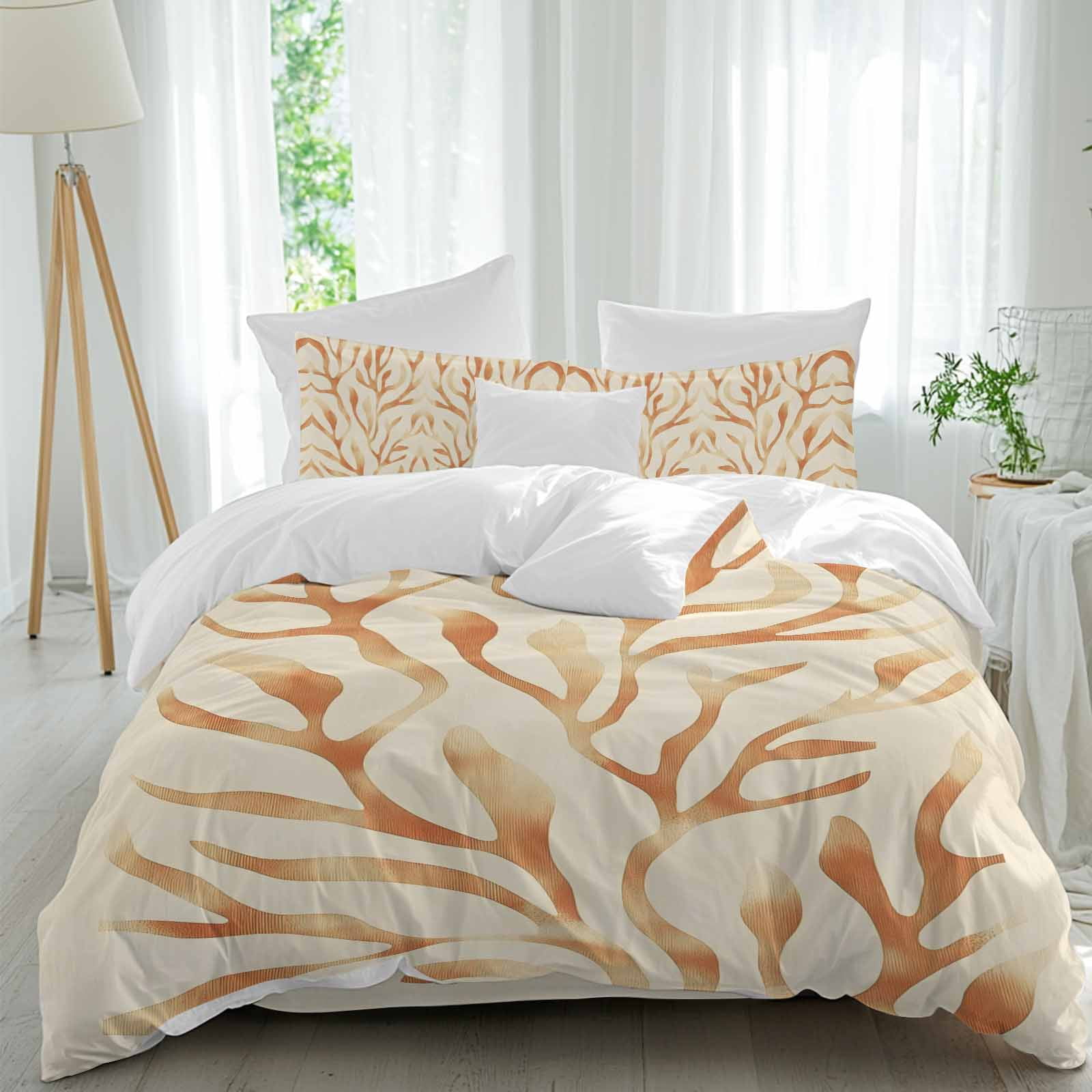 Abstract Coral Full Size Comforter Set, Beige Orange Color Block ...