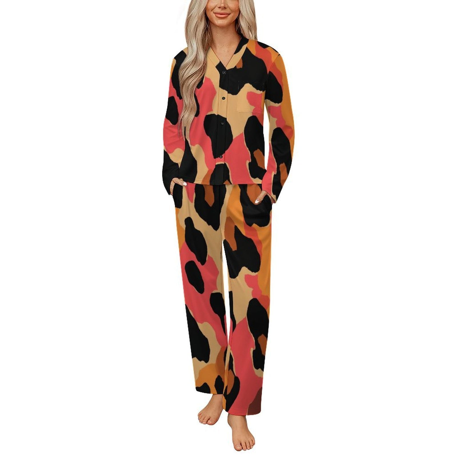 Abstract Coral Leopard Print Womens Pyjamas Set Button Up Pyjamas ...