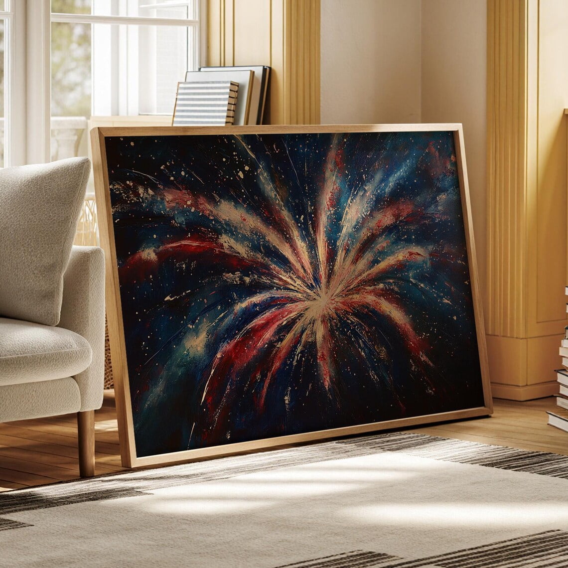 Abstract Cosmic Fireworks Explosion In Red, White, And Blue - Vibrant ...