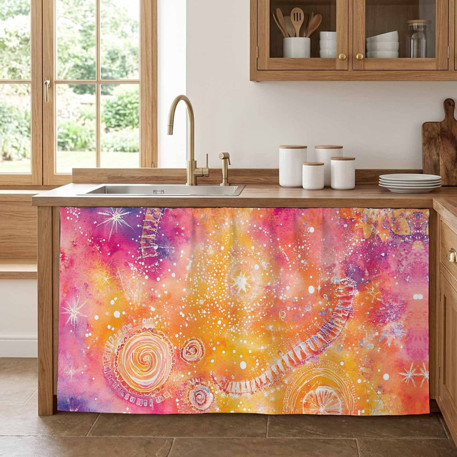 Abstract Cosmos Cabinet Curtains 32" W x 55" L, Clouds Star Pink Orange ...