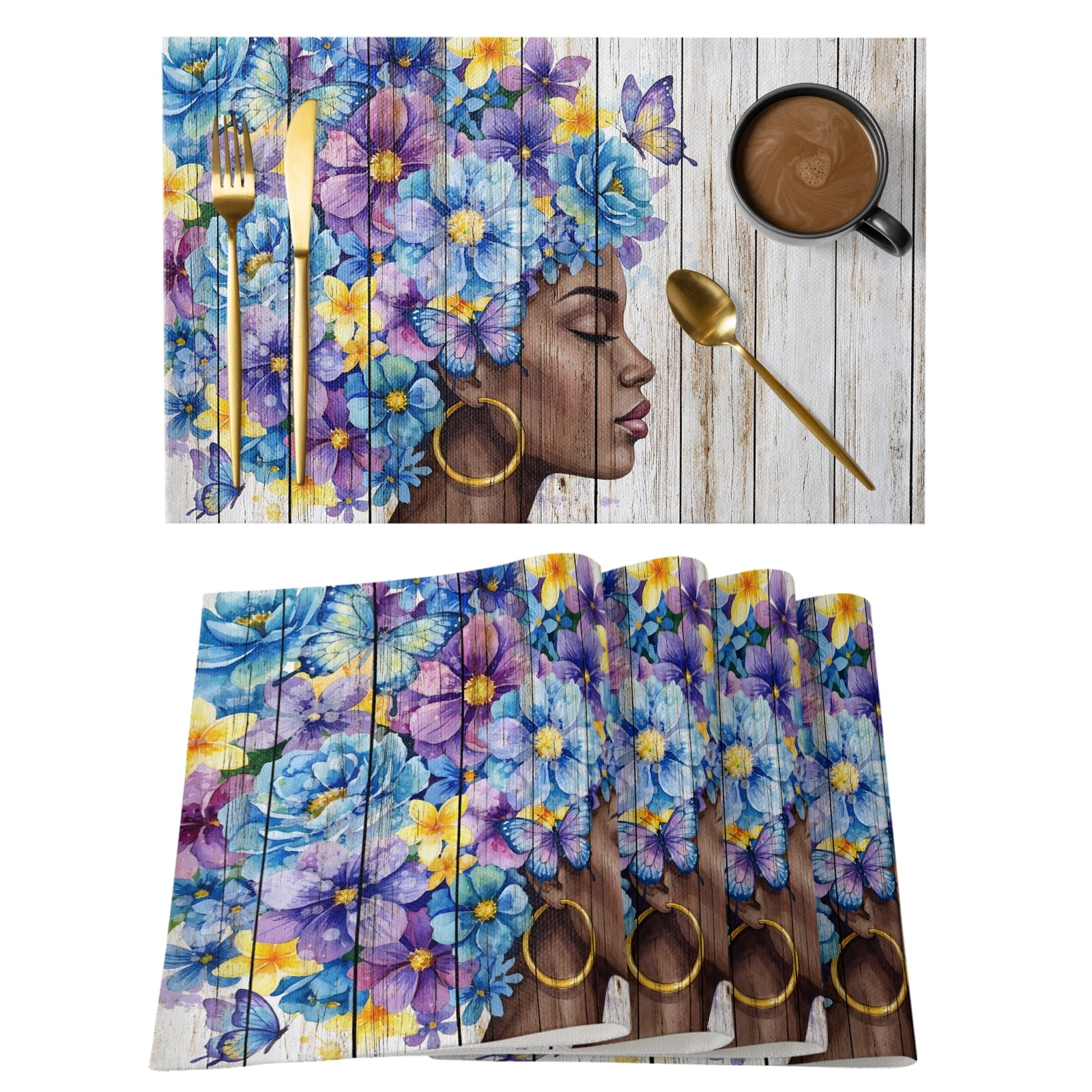 Abstract Cotton Linen Placemats Set of 1, African-American Women Blue ...