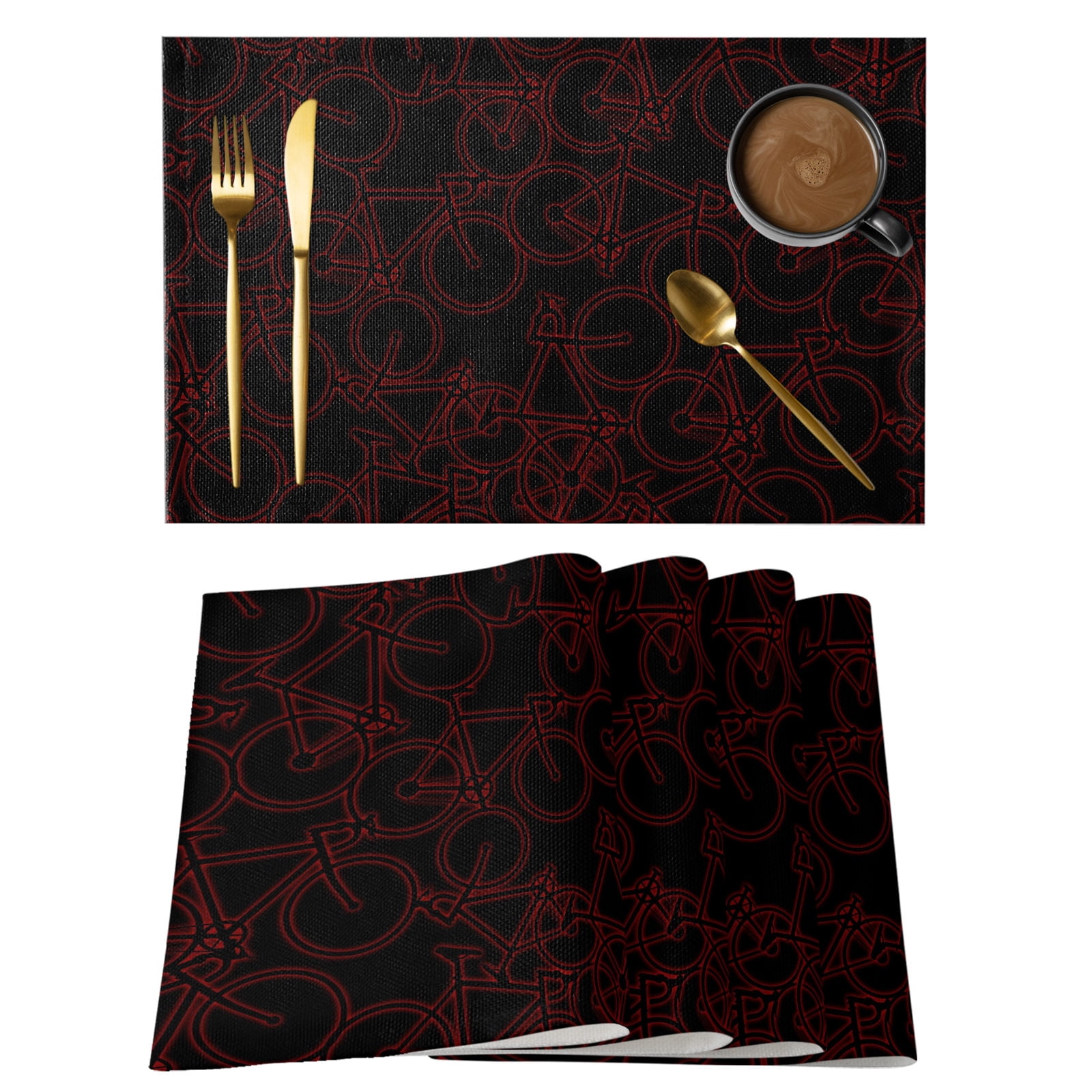 Abstract Cotton Linen Placemats Set of 1, Red Bicycles Line Texture ...