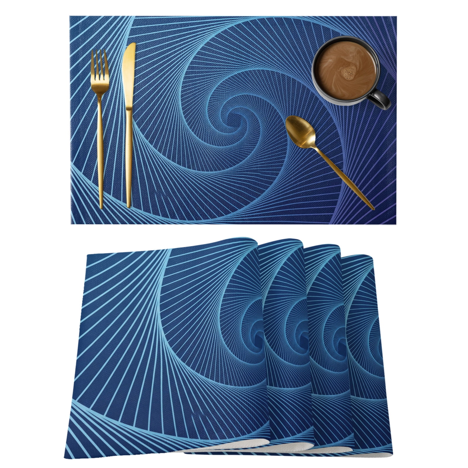 Abstract Cotton Linen Placemats Set of 12, Blue Stripe Geometric ...