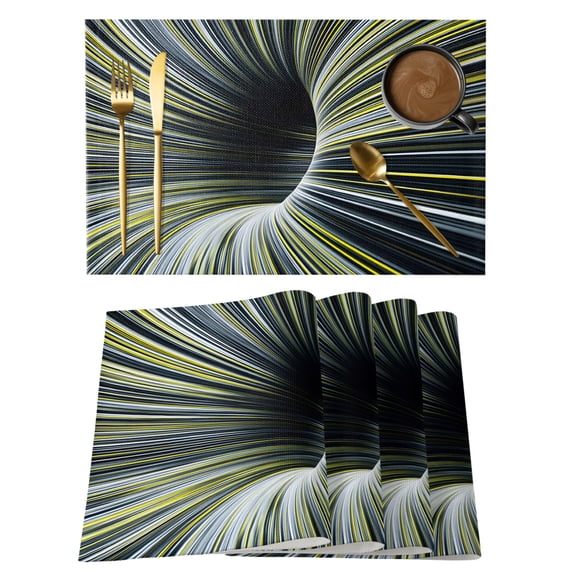 Abstract Cotton Linen Placemats Set of 2, Lemon Yellow White Linear ...