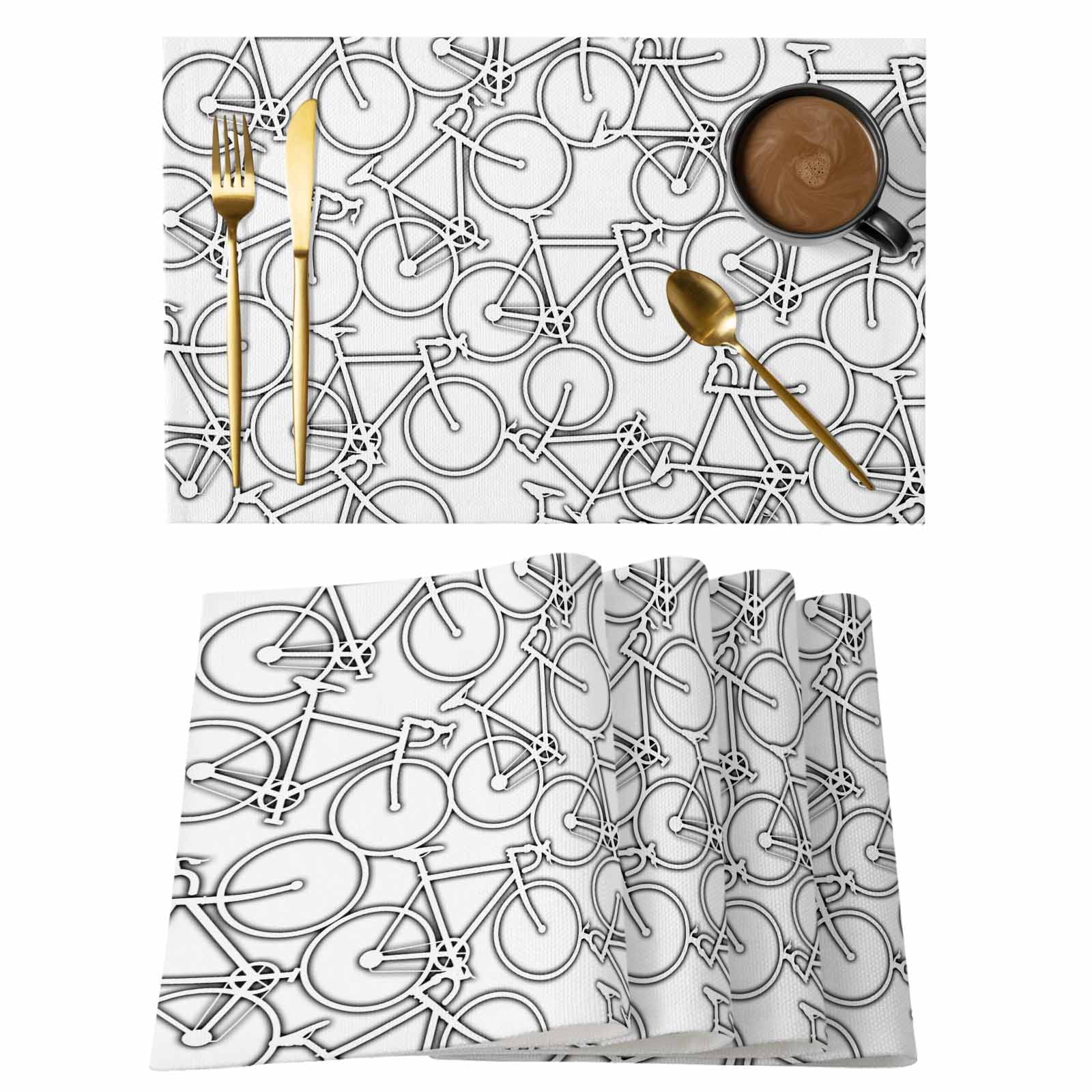 Abstract Cotton Linen Placemats Set of 4, Black Bicycles Line Texture ...