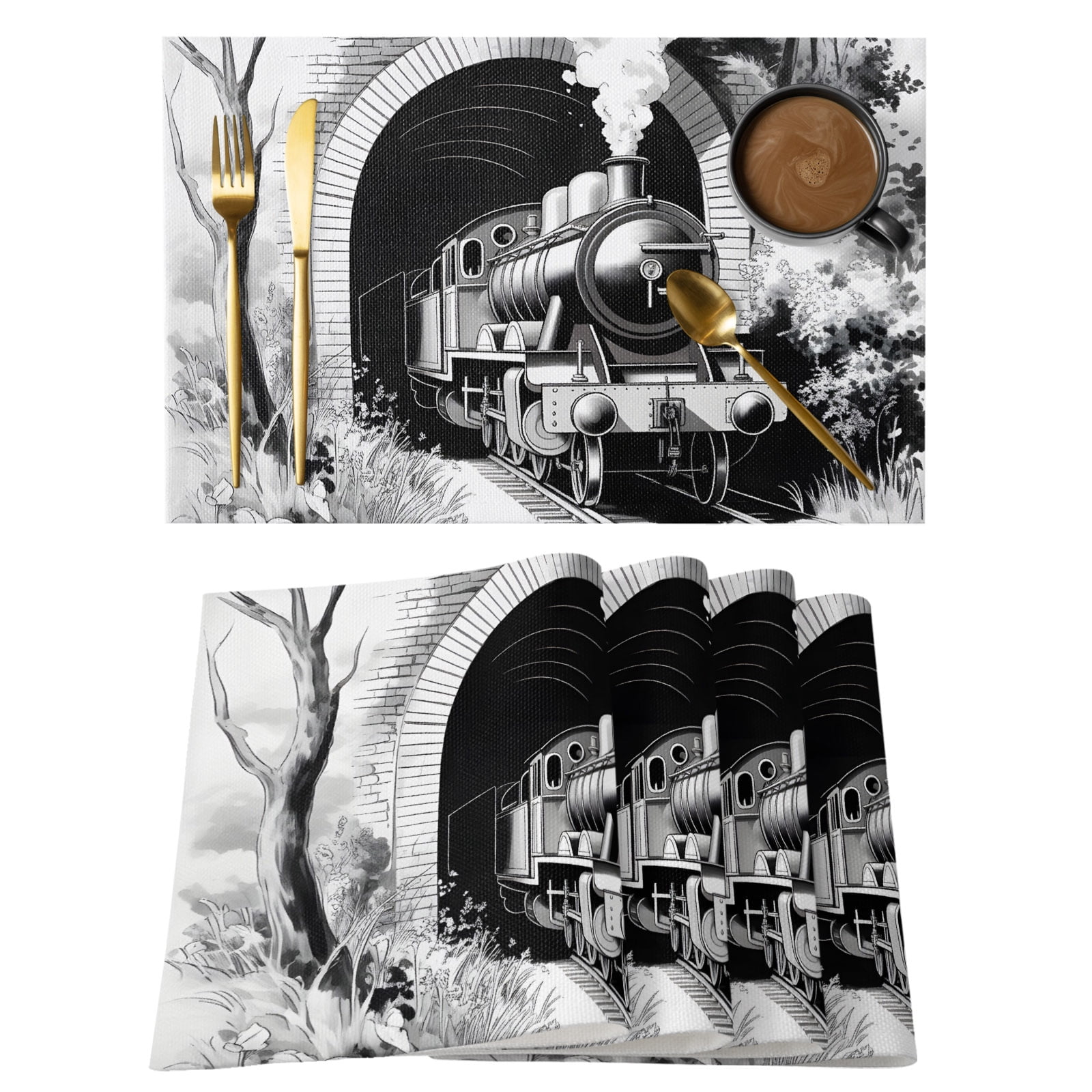 Abstract Cotton Linen Placemats Set of 4, Black White Trains Tunnels ...