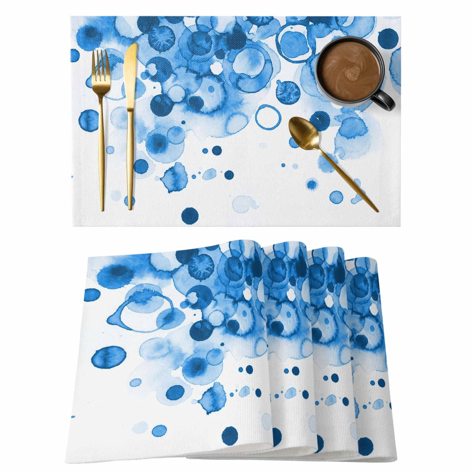 Abstract Cotton Linen Placemats Set of 4, Blue Gradient Watercolors Ink ...