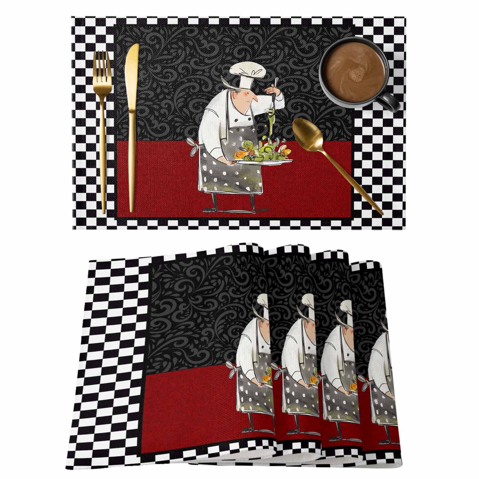 Abstract Cotton Linen Placemats Set of 4, Cartoon Style Cooks Black ...