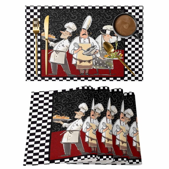 Abstract Cotton Linen Placemats Set of 8, Cartoon Style Chef Black and ...