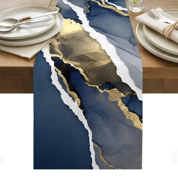 Abstract Cotton Linen Table Runner Blue Ink Gold Foiling Ocean Waves ...