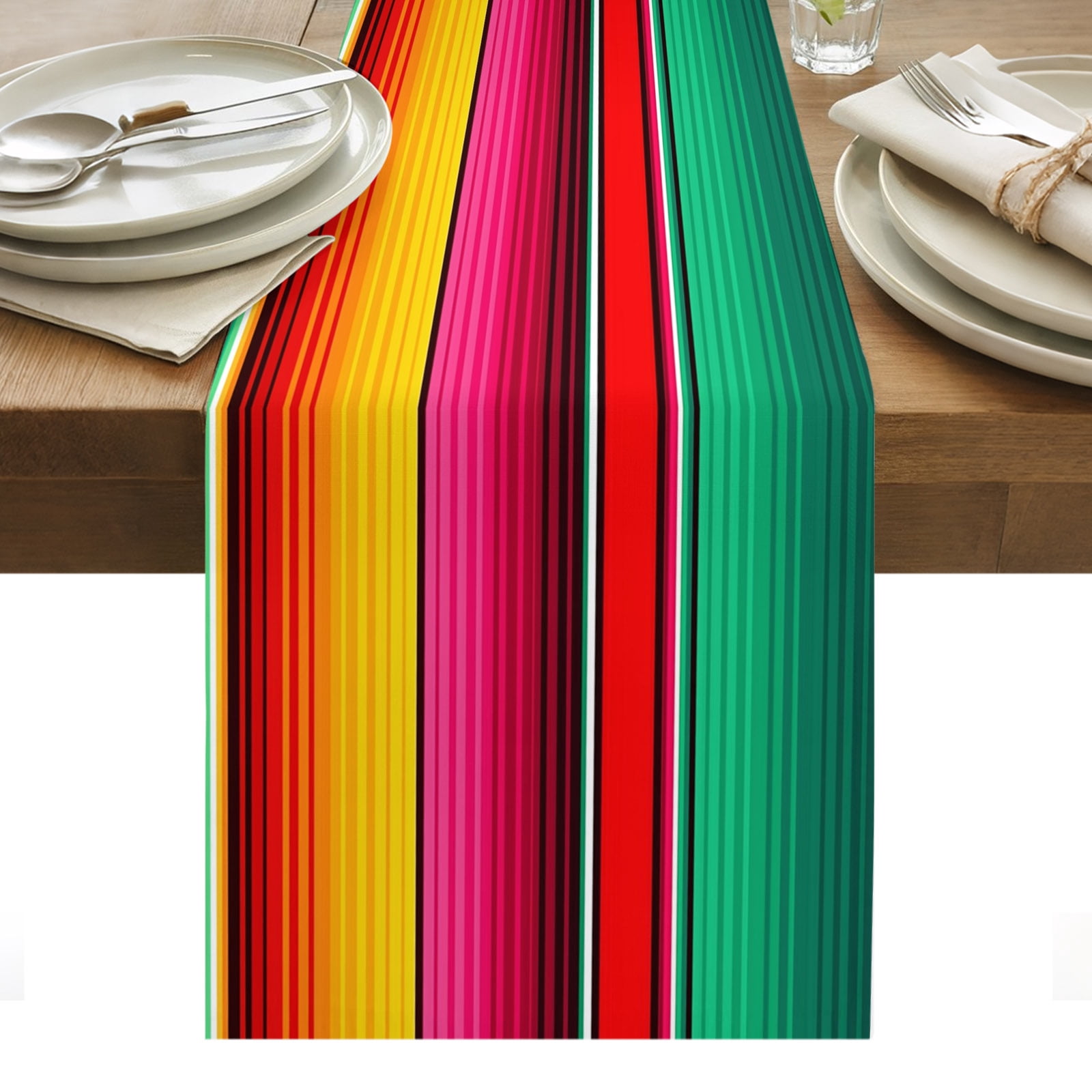 Abstract Cotton Linen Table Runner Colorful Mexican Stripe Orange ...