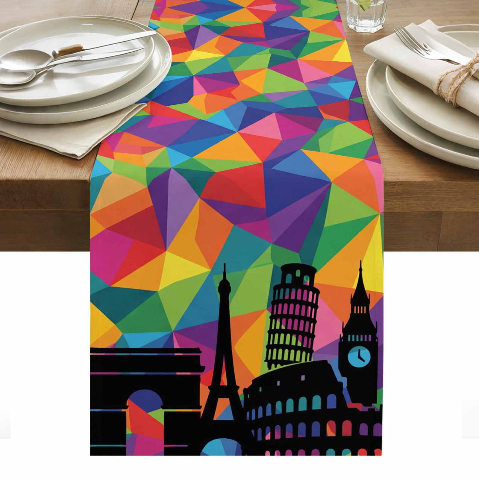 Abstract Cotton Linen Table Runner Colorful Patchwork Geometric Modern ...