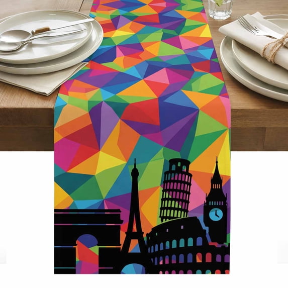 Abstract Cotton Linen Table Runner Colorful Patchwork Geometric Modern ...