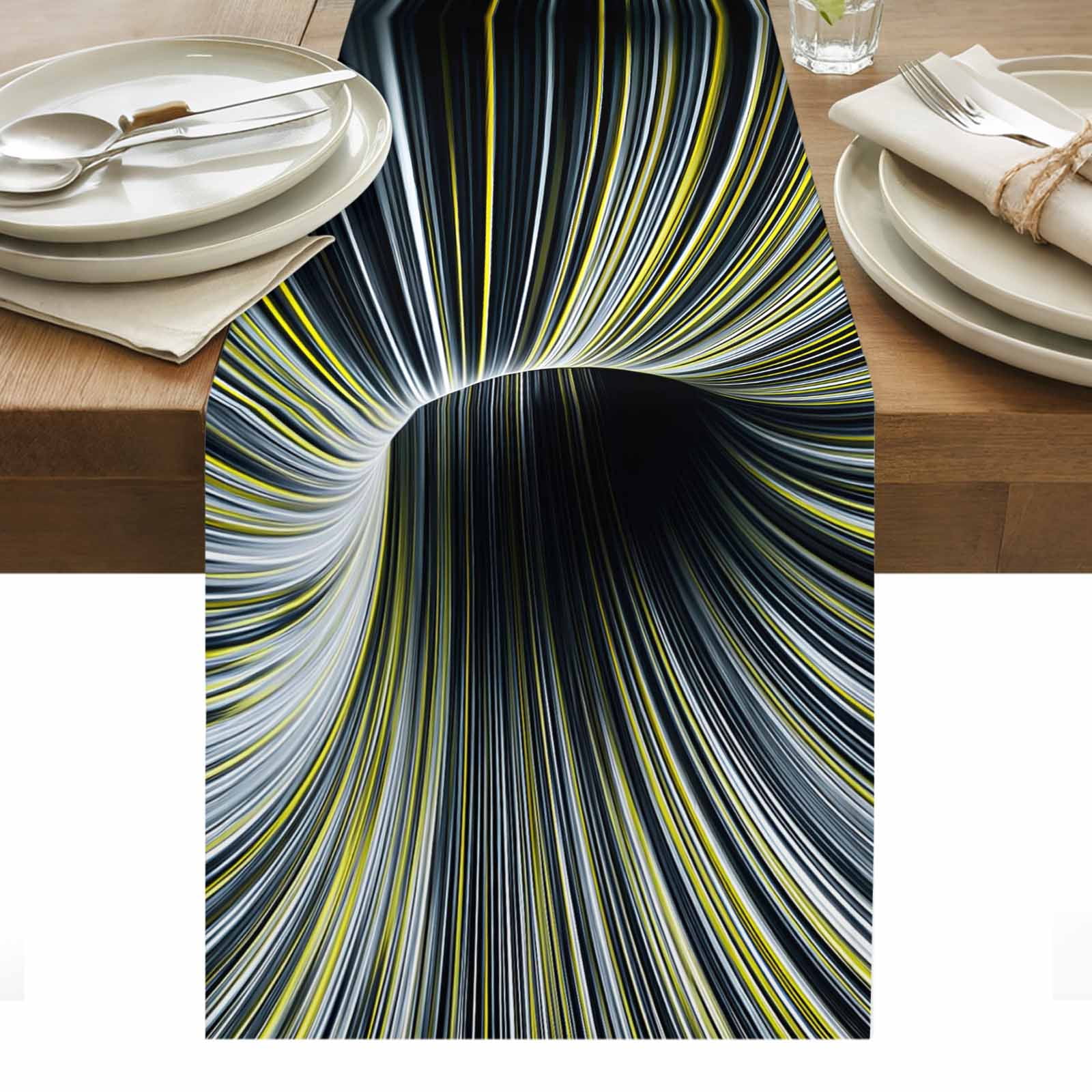Abstract Cotton Linen Table Runner Lemon Yellow White Linear Warp ...