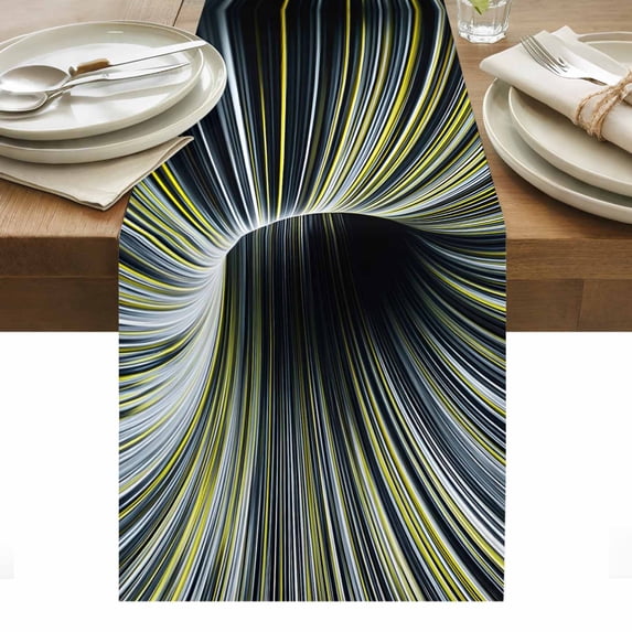 Abstract Cotton Linen Table Runner Lemon Yellow White Linear Warp ...
