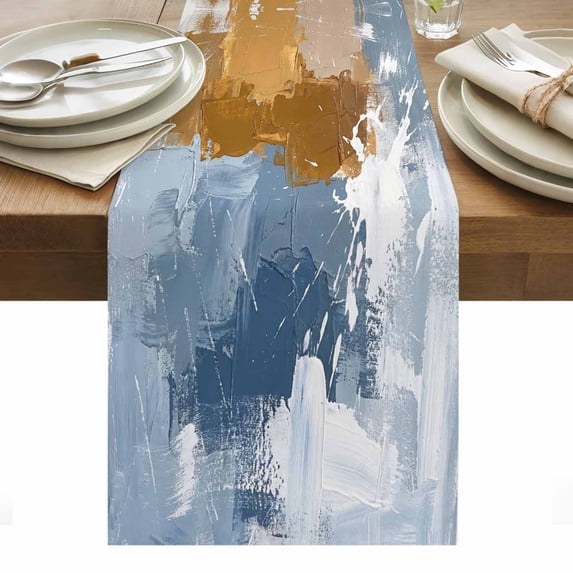 Abstract Cotton Linen Table Runner Retro Brown Blue Graffiti Mottled ...