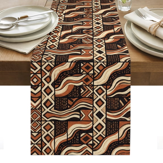 Abstract Cotton Linen Table Runner Retro Red Brown Beige Stripe ...