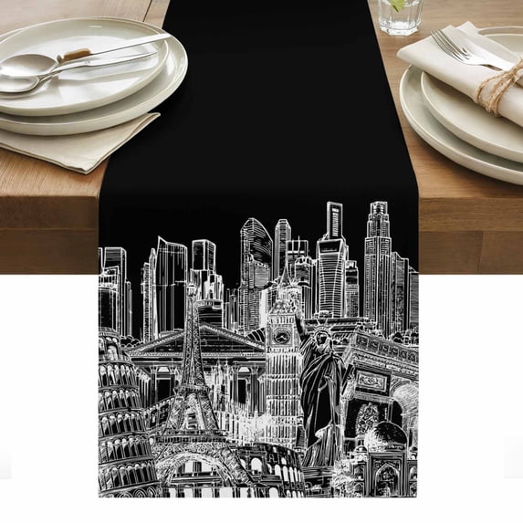 Abstract Cotton Linen Table Runner White and Black Global Landmarks ...