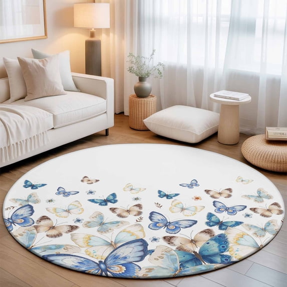 Abstract Country Butterfly Round Rug 5ft Blue Yellow Farmhouse Animal ...