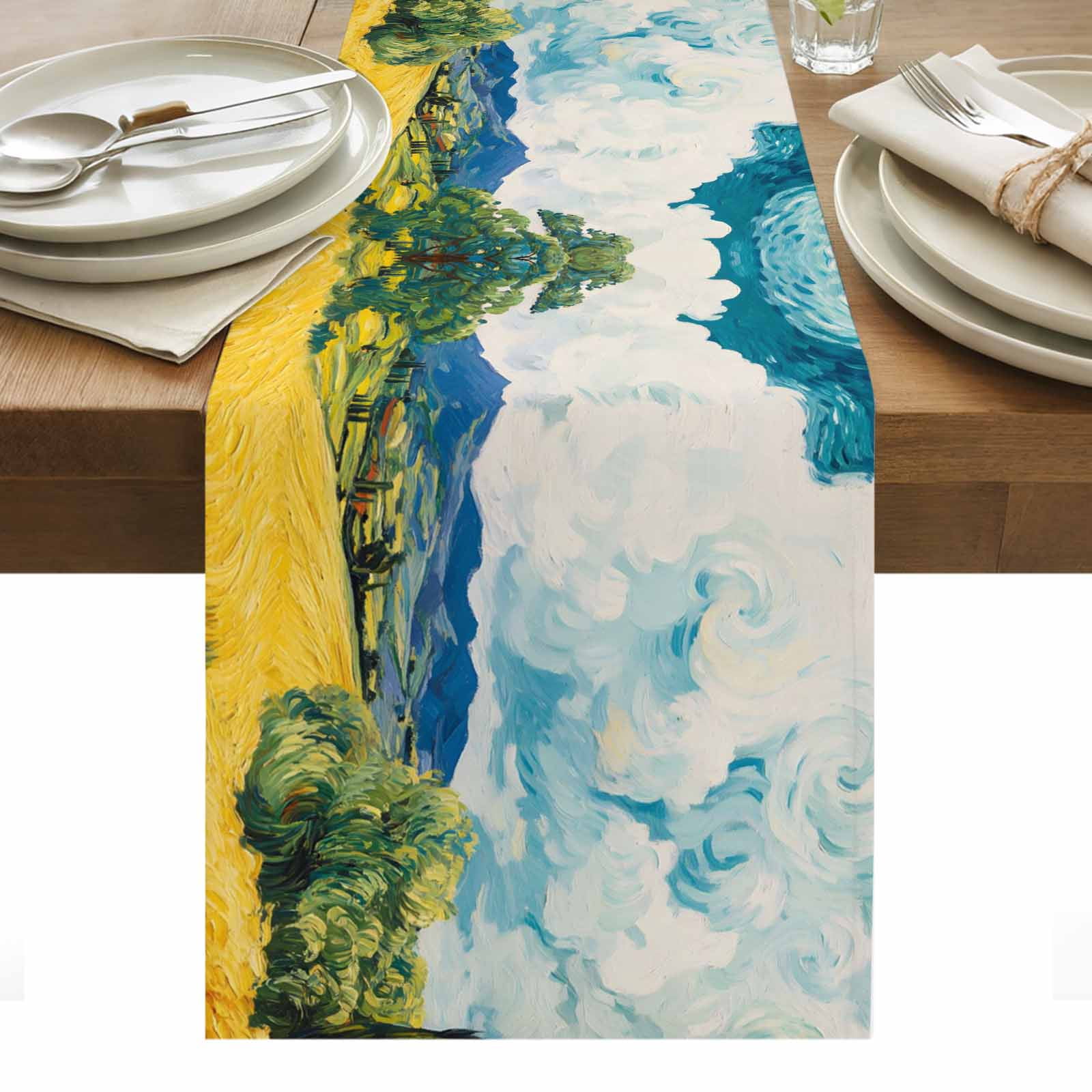 Abstract Country Table Runner Farmhouse Oil Painting Nature Landscape ...