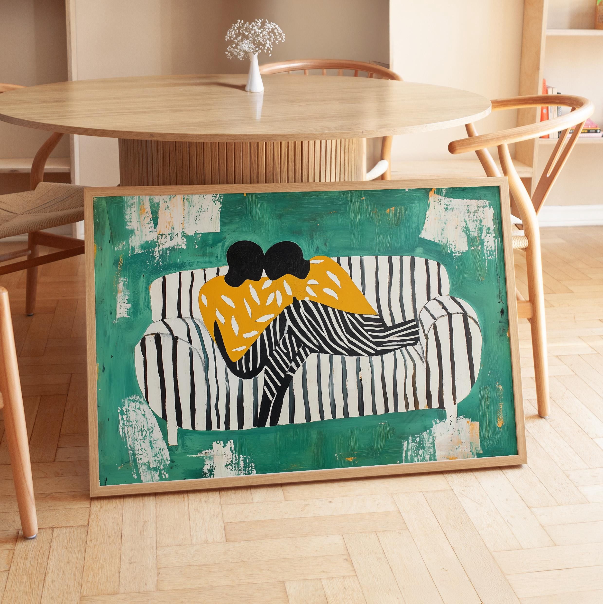 Abstract Couple Print Green & Yellow Minimalist Art Home Decor Office ...