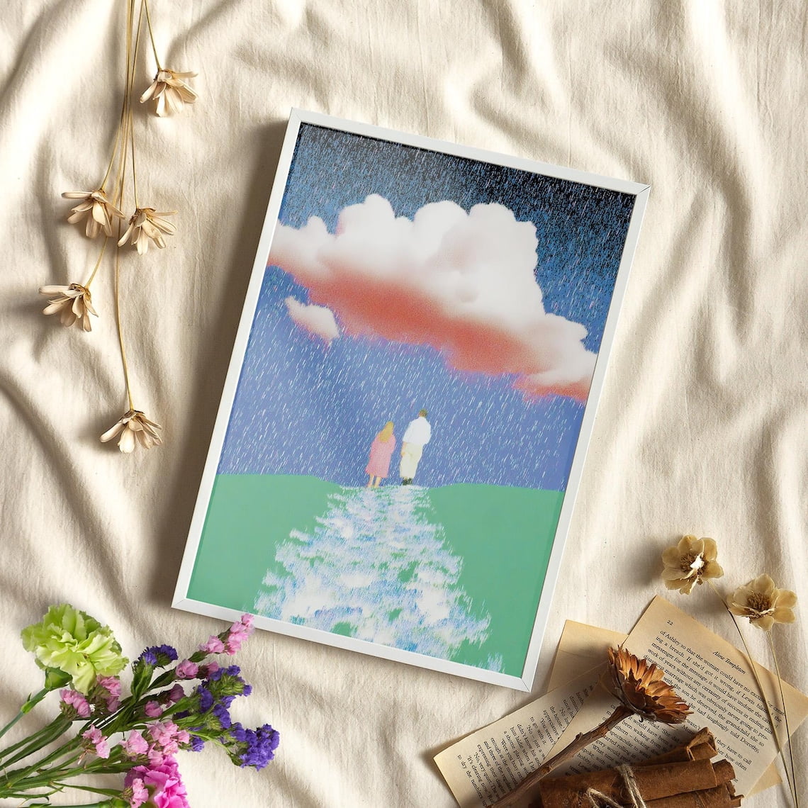 Abstract Couple Under Pink Cloud Whimsical Rainy Day Landscape Romantic ...