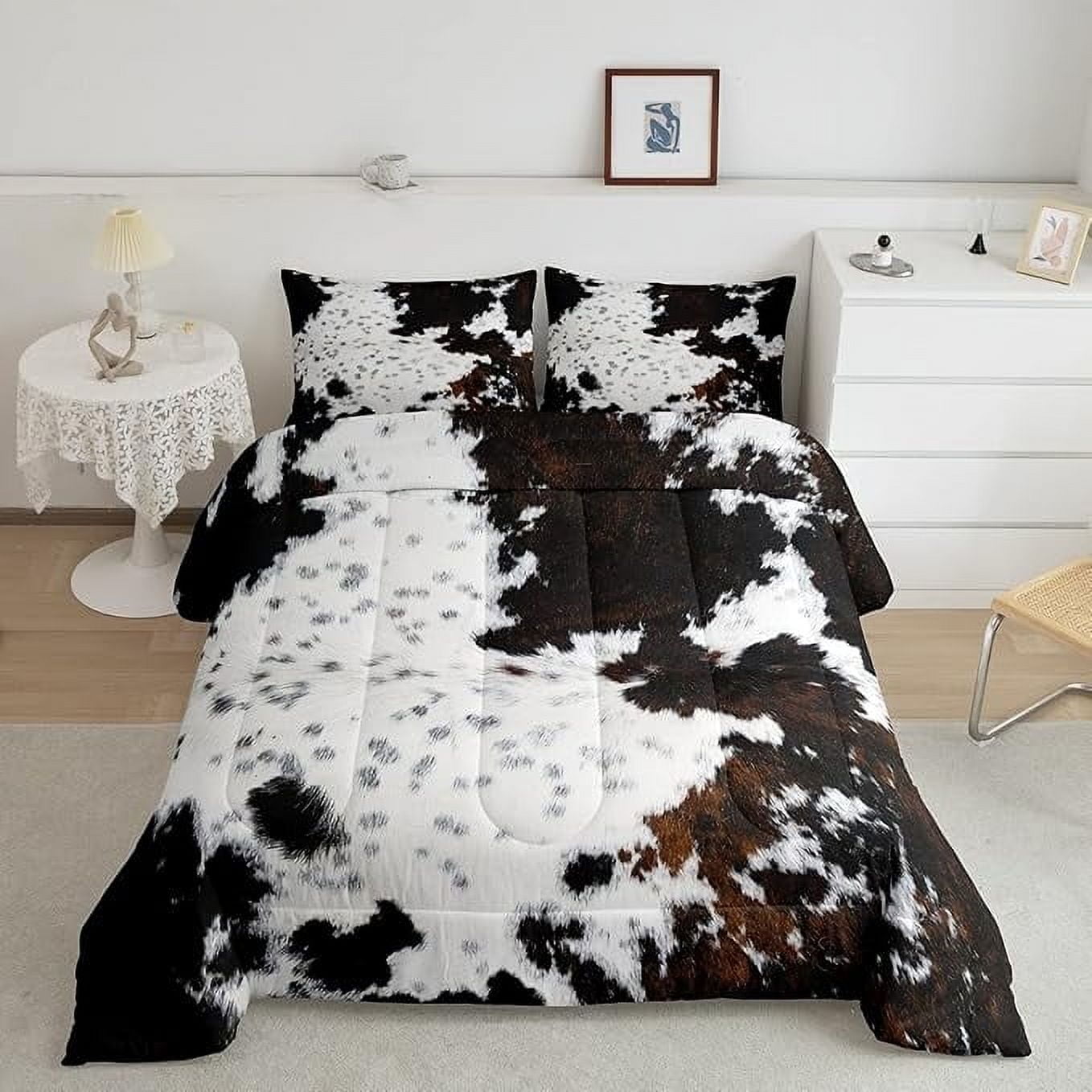 Abstract Cow Comforter Set Twin Size, White Black Brown Cowhide Print ...