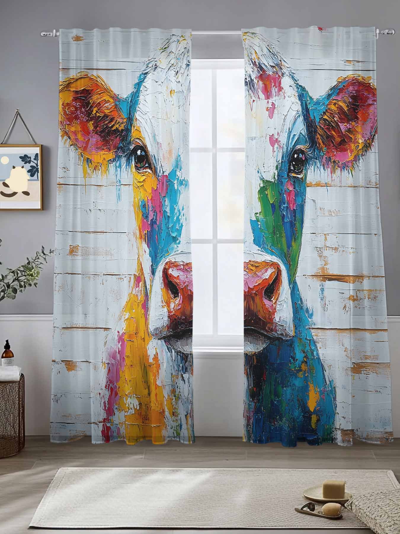 Abstract Cow Sheer Curtains for Living Room Bedroom Farmhouse Colorful ...