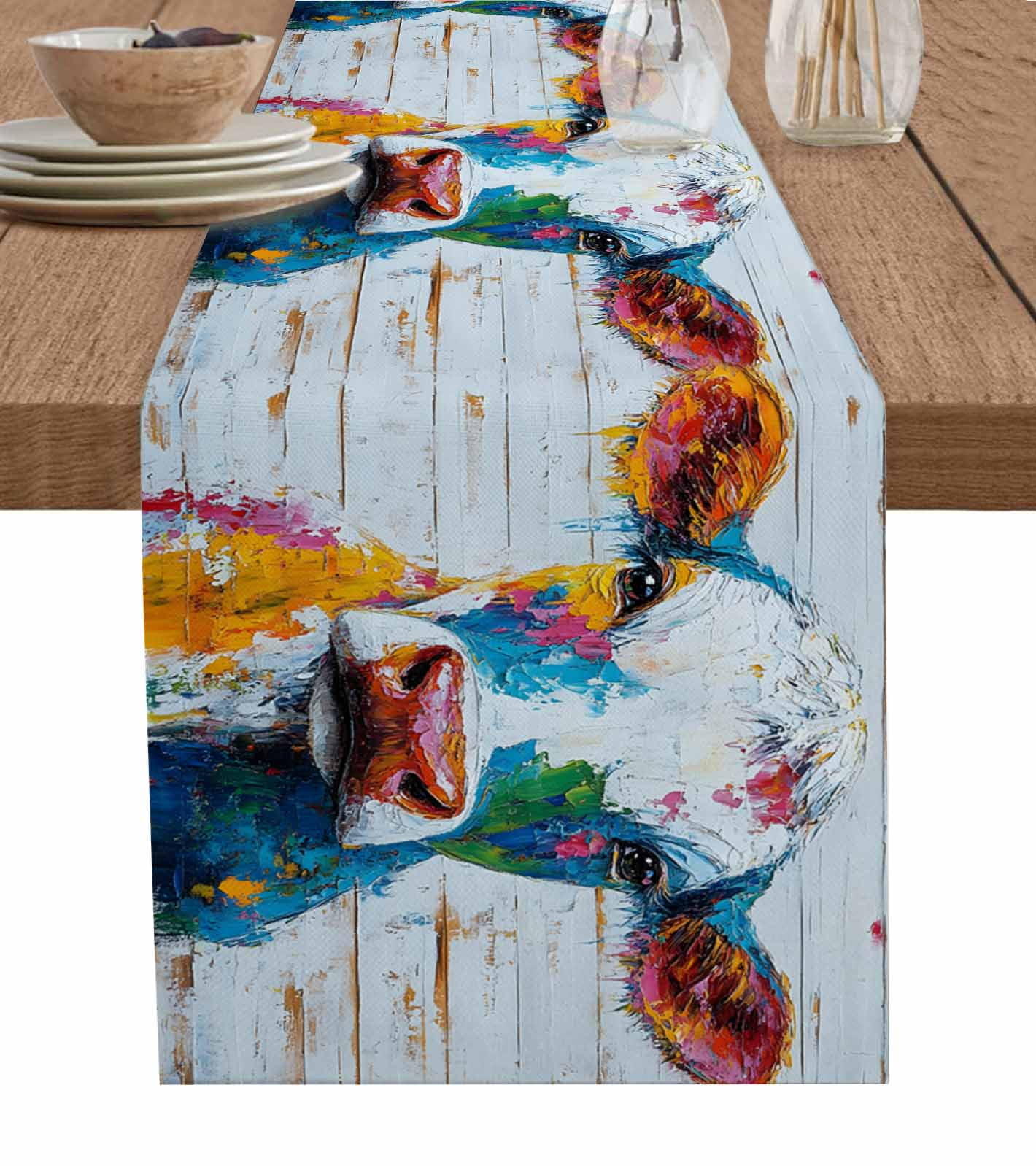 Abstract Cow Table Runner 72 Inches, Farmhouse Colorful Animals Oil ...