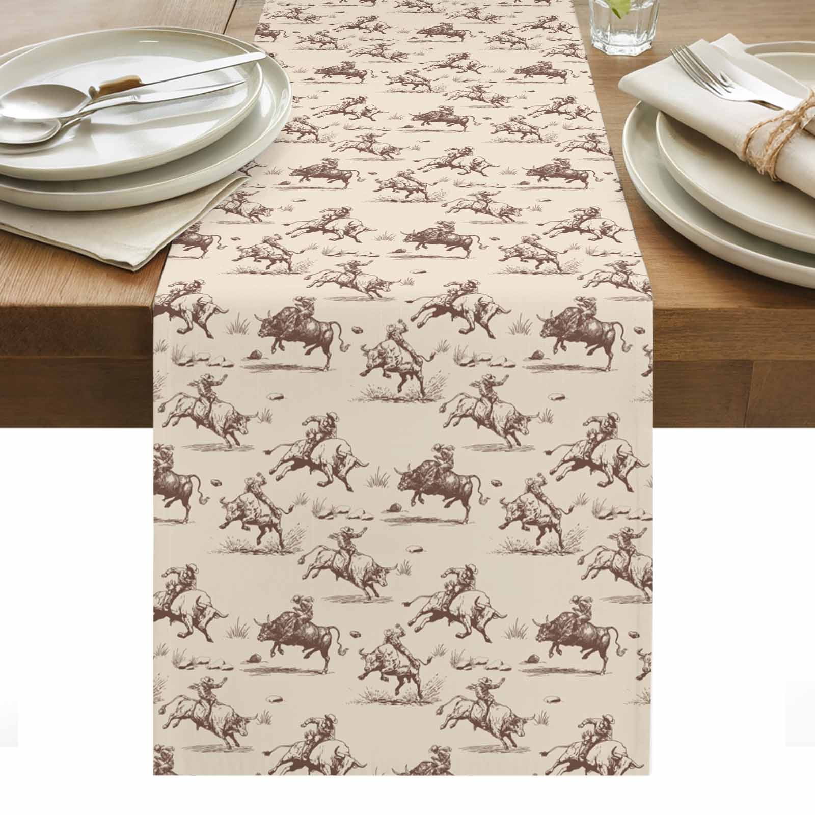 Abstract Cowboy Horse Cotton Linen Table Runner Vintage Beige ...