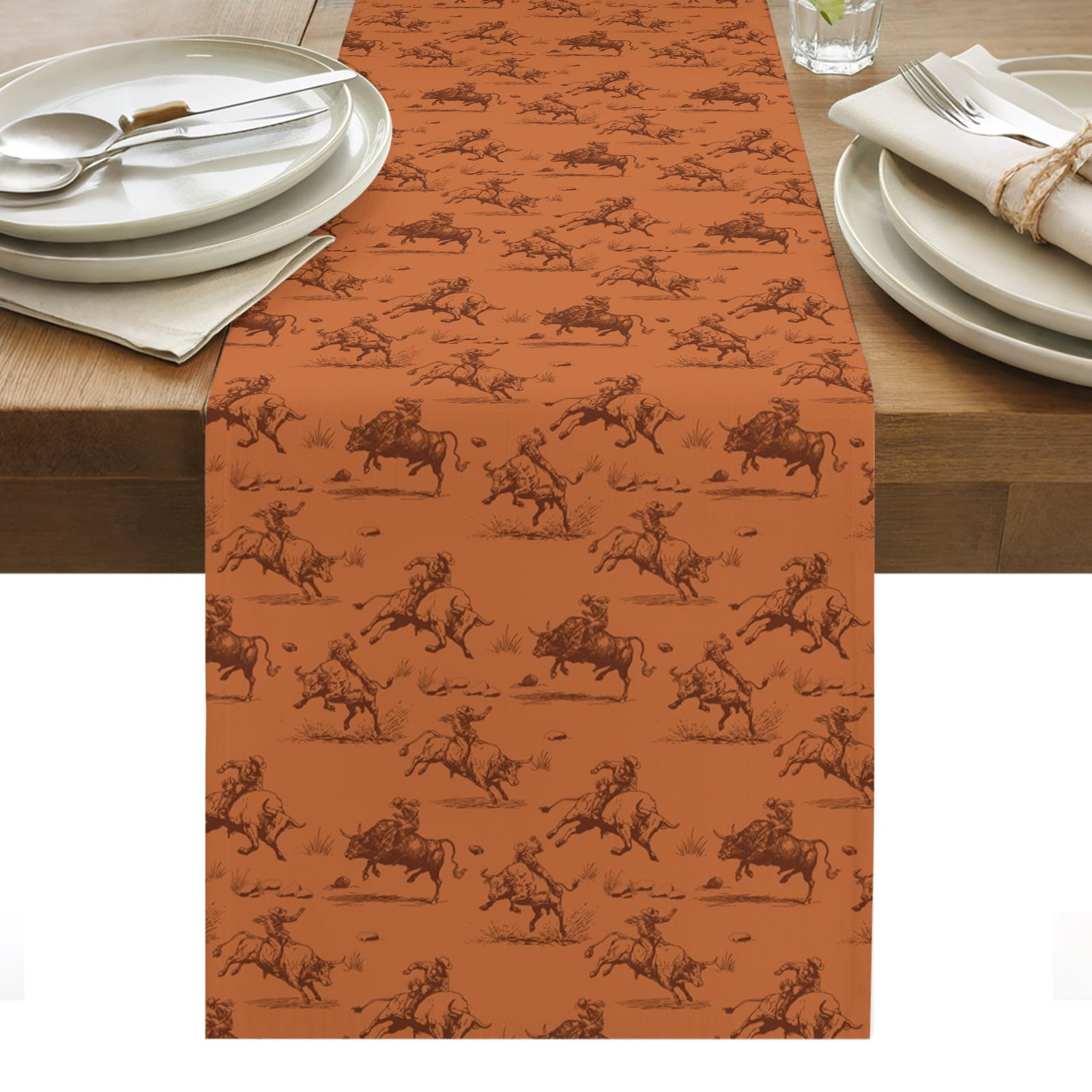 Abstract Cowboy Horse Cotton Linen Table Runner Vintage Orange ...