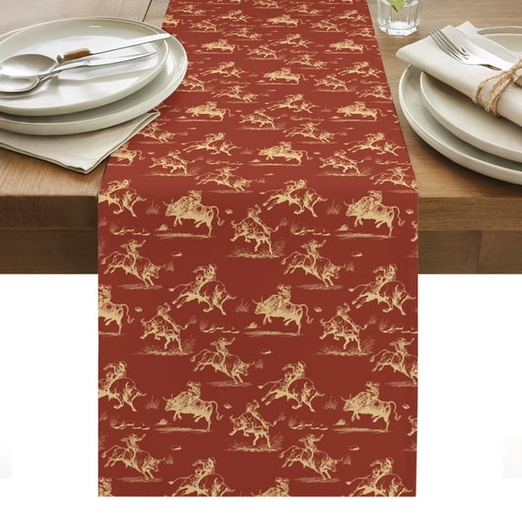 Abstract Cowboy Horse Cotton Linen Table Runner Vintage Red Background ...