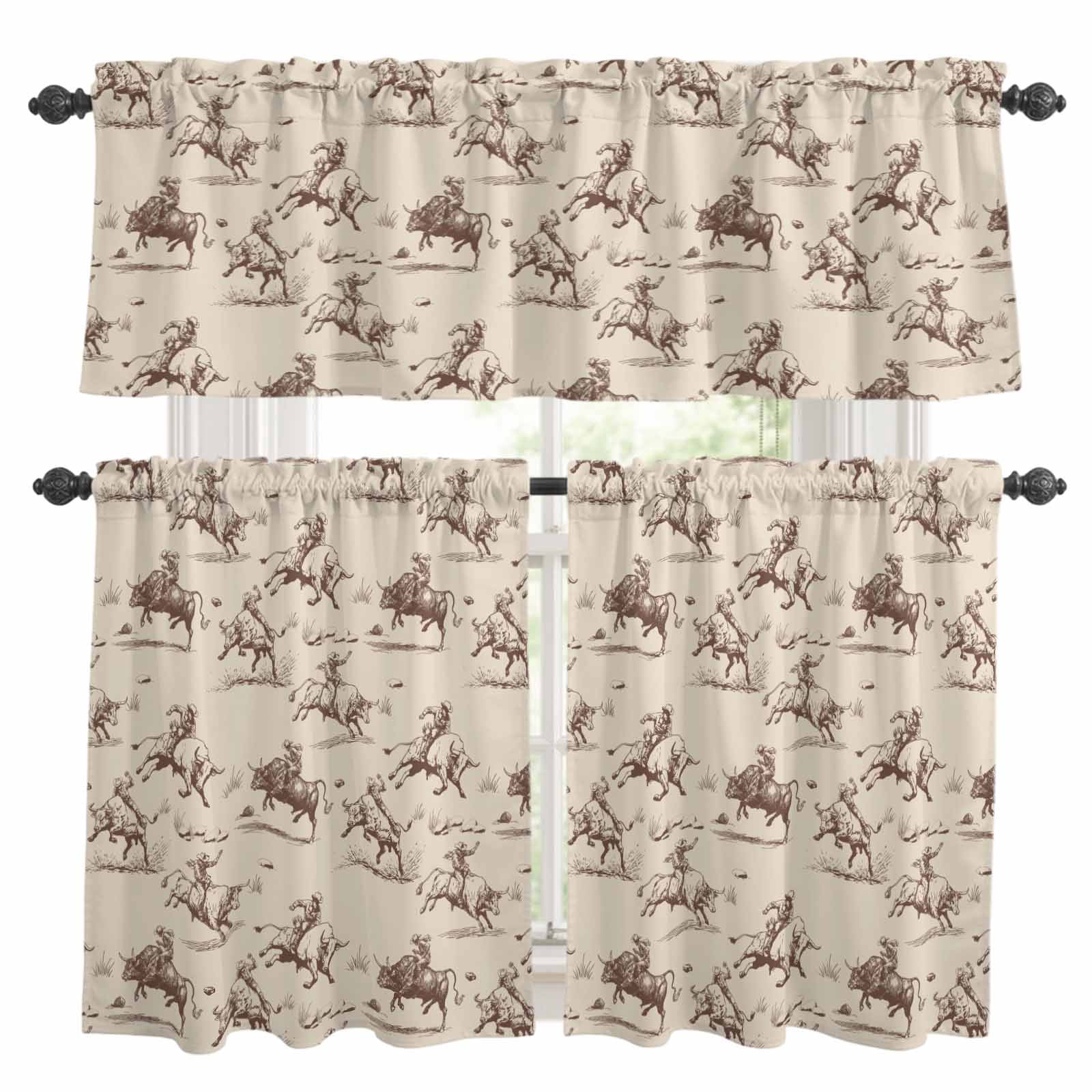 Abstract Cowboy Horse Kitchen Curtains Set for Windows, Vintage Beige ...