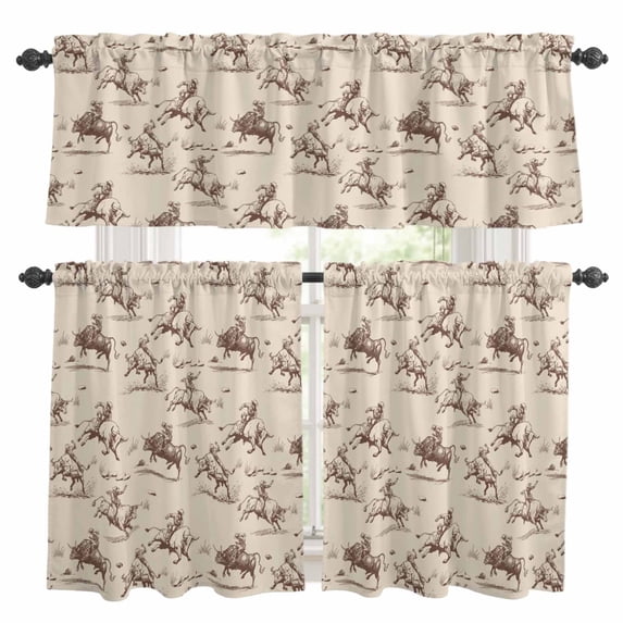 Abstract Cowboy Horse Kitchen Curtains Set for Windows, Vintage Beige ...