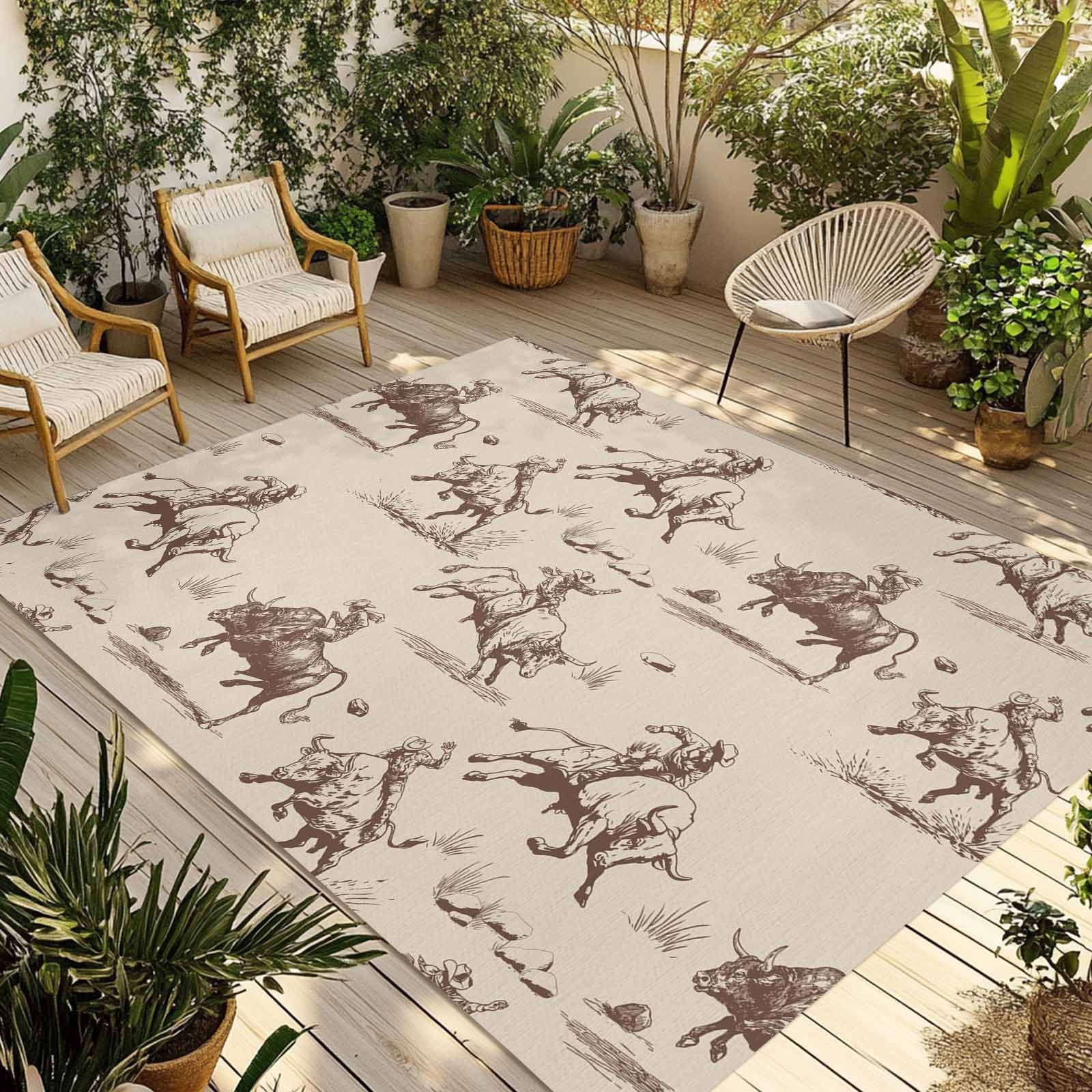 Abstract Cowboy Horse Outdoor Rug 6x9 ft Vintage Beige Background ...