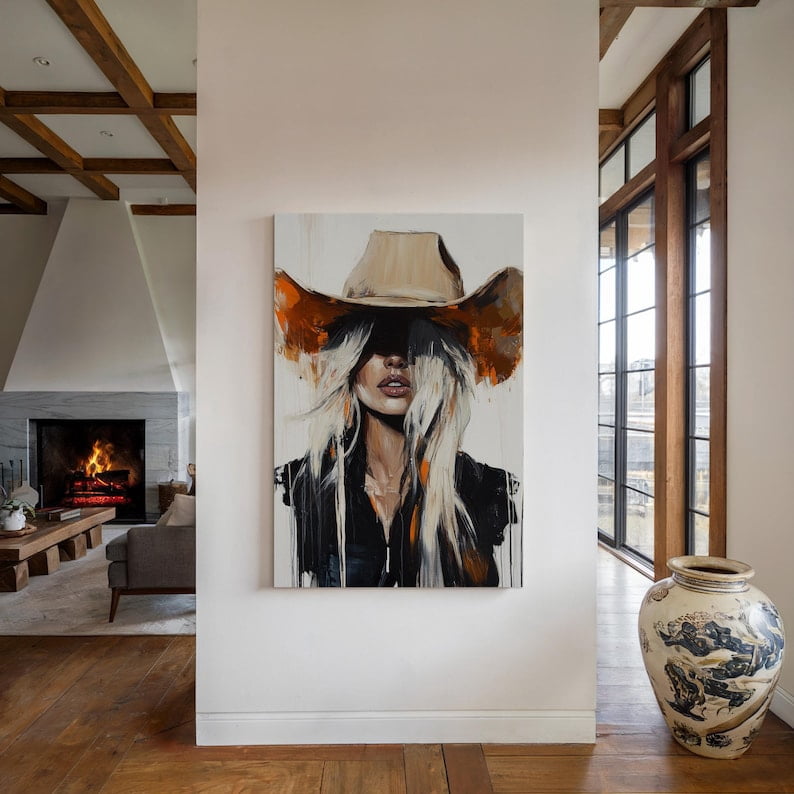 Abstract Cowgirl Wall Art - Modern Western Canvas with Blonde Woman in ...