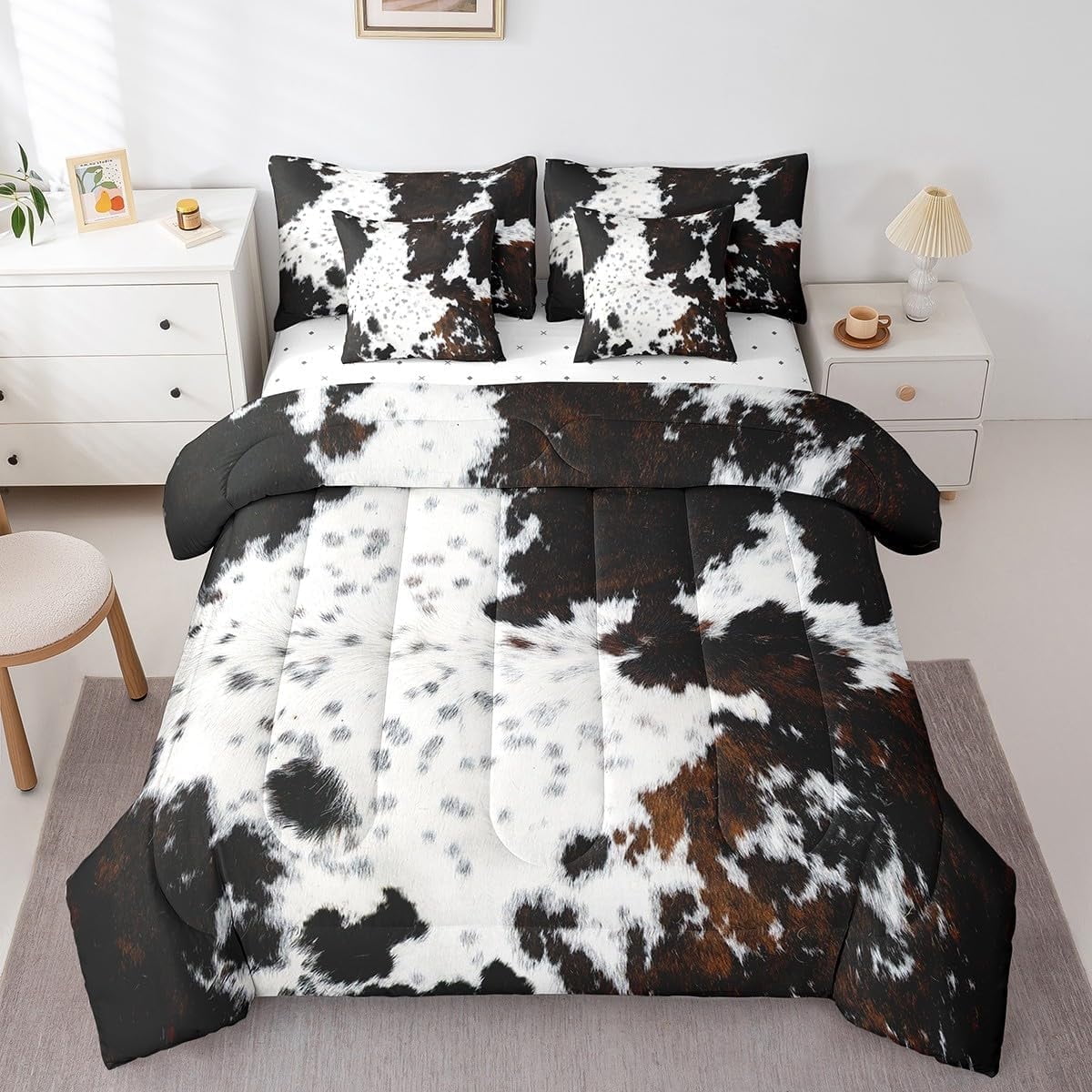 Abstract Cowhide Comforter Set 7pcs,Brown White Cow Print Bedding Twin ...