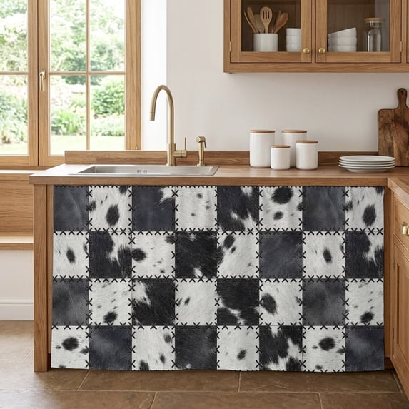 Abstract Cowhide Patchwork Cabinet Curtains 28" W x 51" L Country Farm ...